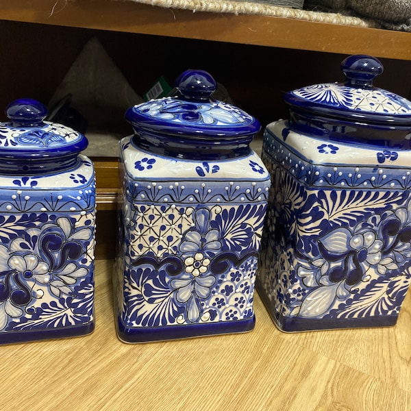 Talavera Set 3 Piece Canister Cobalt Blue and White Handcrafted Hand ...