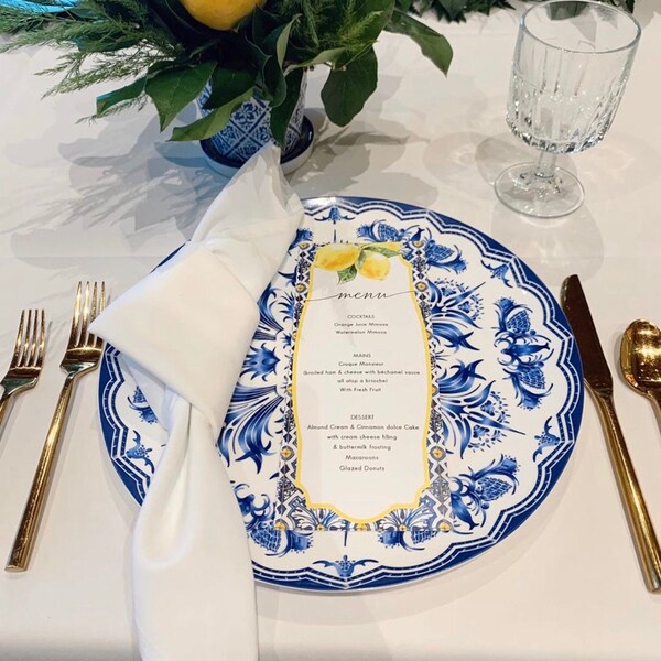 Printable Menu Template, Positano Blue Tile Lemons, Italian Almalfi ...