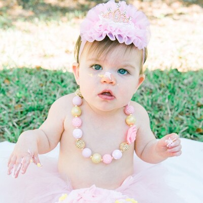 Toddler Pink and Gold Chunky Necklace, Pinkand Gold Baby Necklace, Pink ...