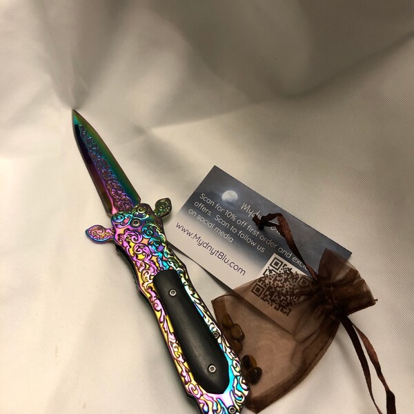 Athame / Dagger - Aurora Borealis Blade Ornate Folding 9 Inch Black ...