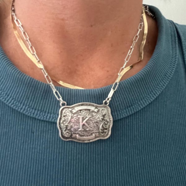 WESTERN INITIAL NECKLACE I Western Belt Buckle Monogram Necklace - Etsy