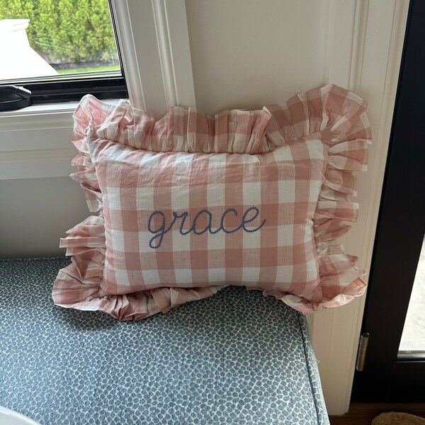 Embroidered Customised Name Linen Ruffle Mini Cushion in Yellow Gingham ...