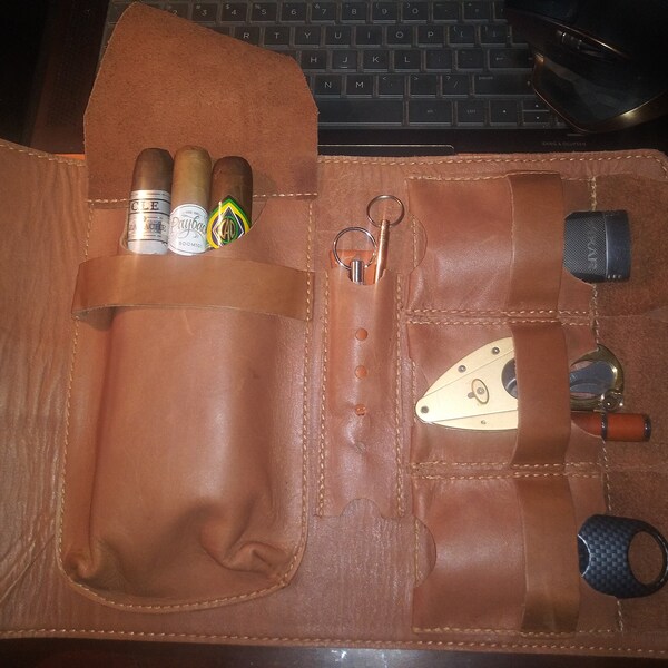 3 Pocket Full Grain Leather Cigar Wallet With Leather Strap Closure - Etsy