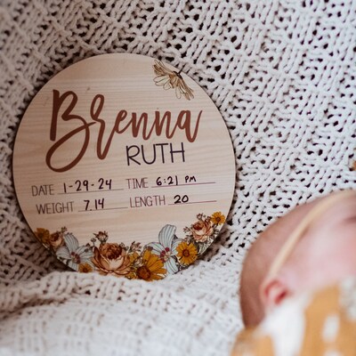 Floral Birth Stat Sign, Birth Announcement Plaque, Baby Name ...