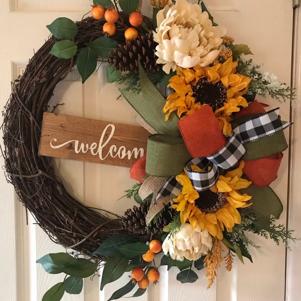 Fall Sunflower Welcome Wreath, Fall Wreath, Fall Farmhouse Wreath, Fall ...