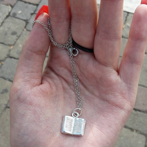 Silver Open Book Necklace - Silver Pewter Open Book Charm on a Delicate ...