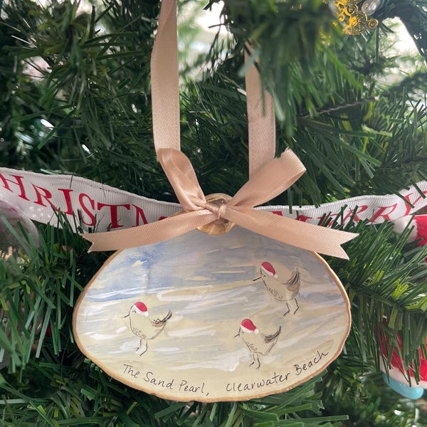 Coastal Seashell Christmas Ornament | Hand-painted Sandpiper Santa Hat ...