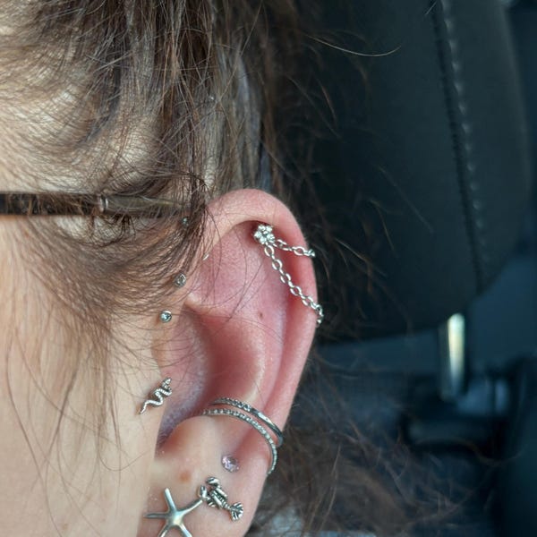 16g Dainty Flower Helix Double Chain Ear Stud, Flat Back Chain Hoop ...