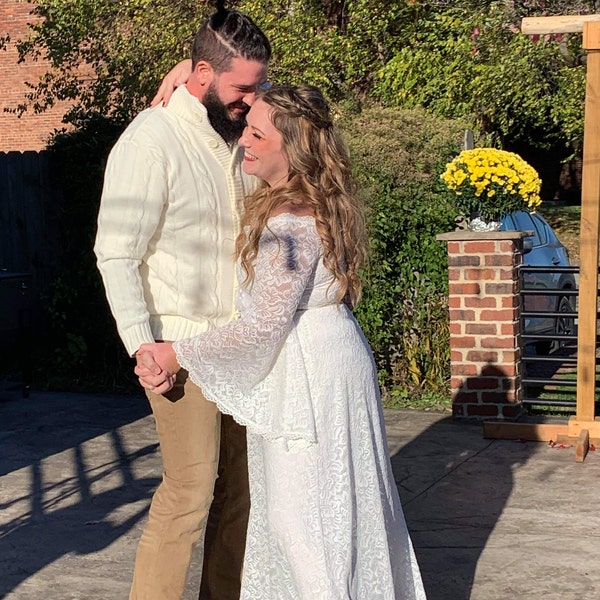 Ivory off Shoulder Lace Wedding Dress With Bell Long Sleeves Wedding ...