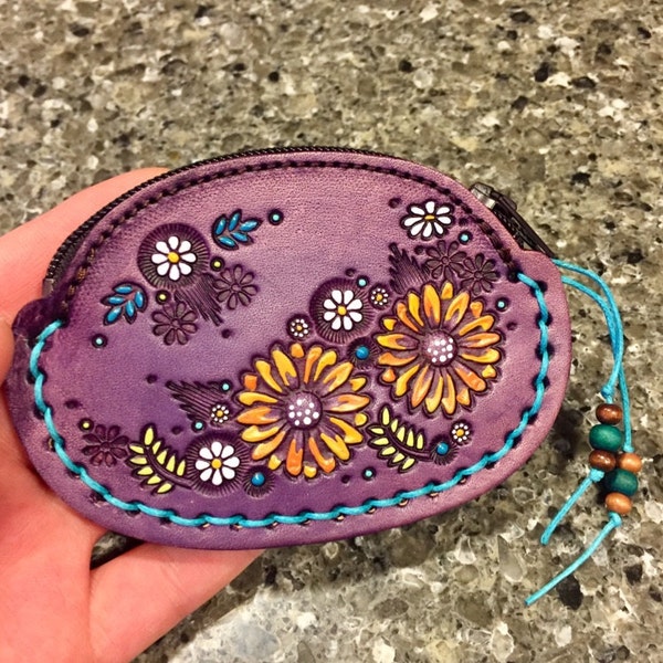 Custom Leather Coin Purse - Sunflowers and Daisies - Pick Your Thread ...