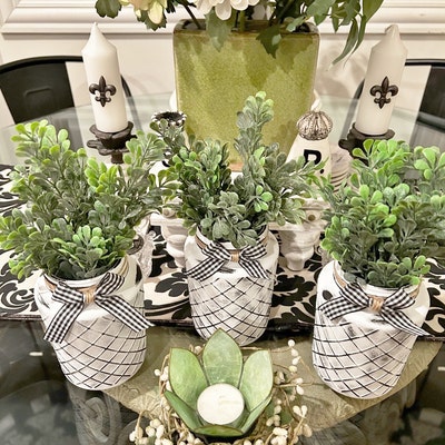 Two Buffalo Check & Jute Farmhouse Vases With Greenery - Etsy