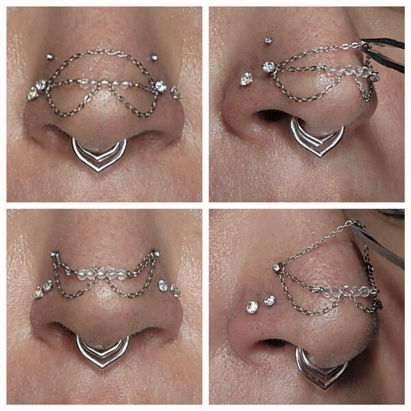 36mm Wearable Stainless Steel Nose Chain With Blue and Clear Beads and ...