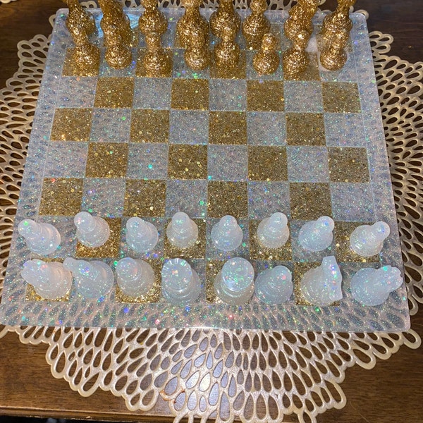 Glitter Resin Chess and Checkers Set Enchanted Opal & Chunky Pink ...