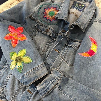 BOHO FLOWER Fabric Patchwork PATCH, Orange Boho Hippy Patches, Handmade ...