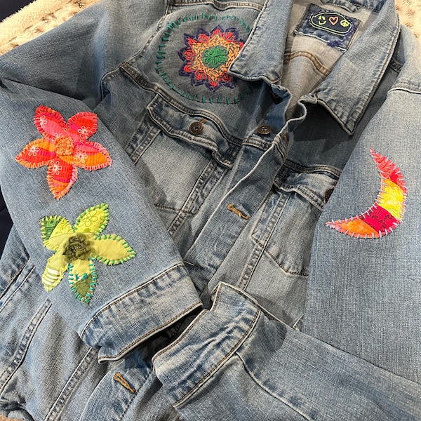 BOHO FLOWER Fabric Patchwork PATCH, Orange Boho Hippy Patches, Handmade ...