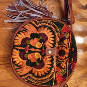 Yellow Bird Pattern Leather Round Crossbody Bag for Women, Unique Hmong ...