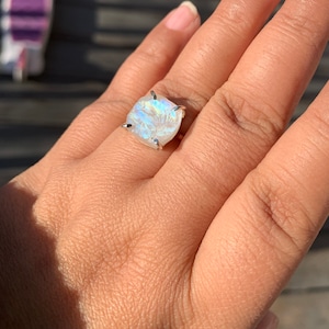 Raw Moonstone RHODIUM PLATED Ring , Raw Crystal Ring, Rainbow Moonstone ...