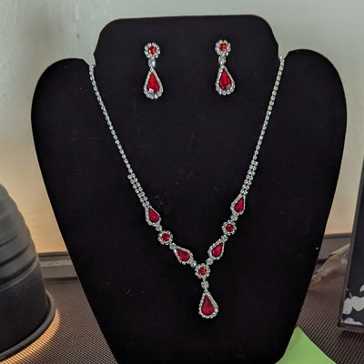 Red Crystal Rhinestone Necklace and Earrings Set for Womens Jewelry Accessories Prom Jewelry Red ...