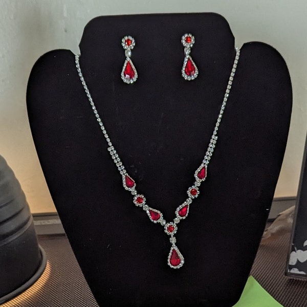 Red Crystal Rhinestone Necklace and Earrings Set for Womens Jewelry ...