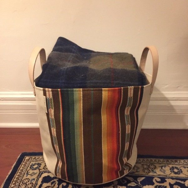 Medium Natural Canvas Bucket Basket: Brown + Orange - Etsy