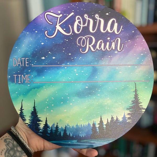 Northern Lights Birth Stat Sign, Birth Stat Sign, Round Wood Birth Stat ...
