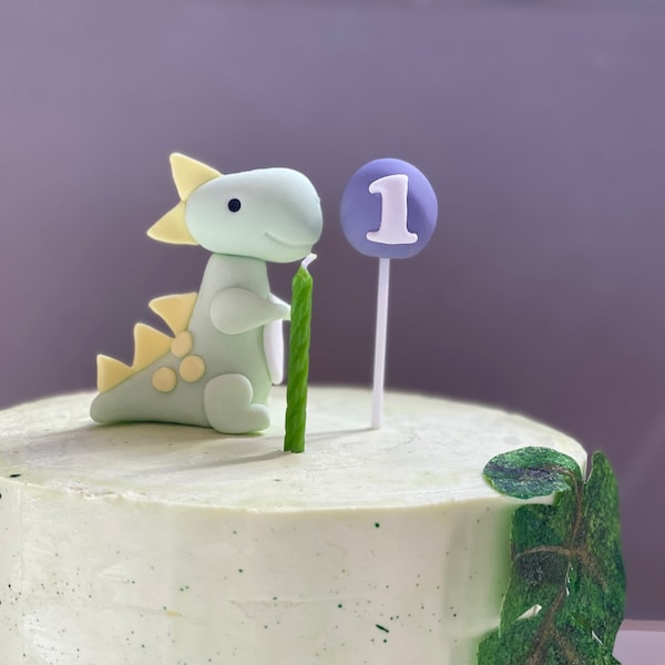 Dinosaur Cake Topper Fondant With Volcano and Balloon, Cute Dinosaur ...