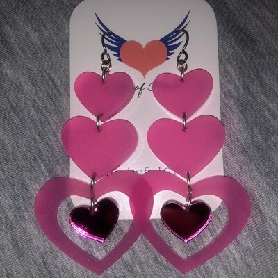Frosted Pink Nesting Hearts Acrylic Earrings, Laser Cut Heart Statement ...