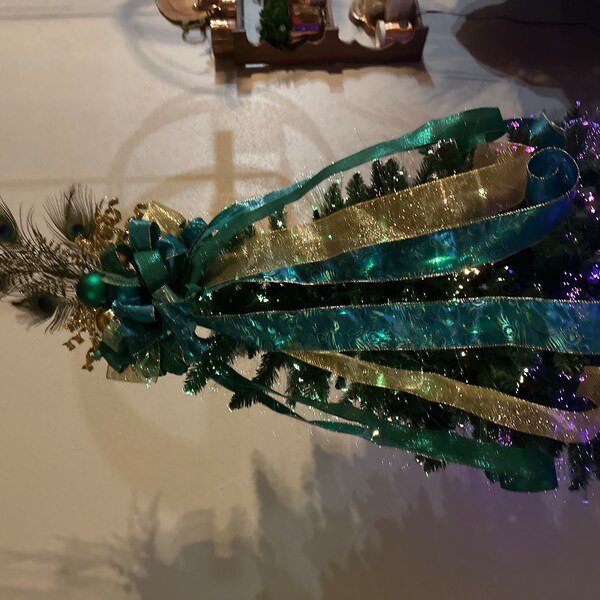 Peacock Tree Topper, Peacock Feathers, Peacock Print Ribbons, Gold ...