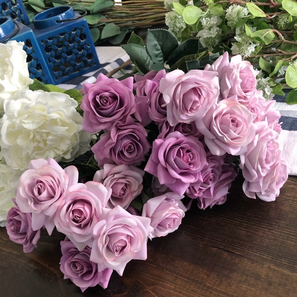 16" Mauve Purple Roses Real Touch Flowers, Lavender Faux Roses, DIY ...