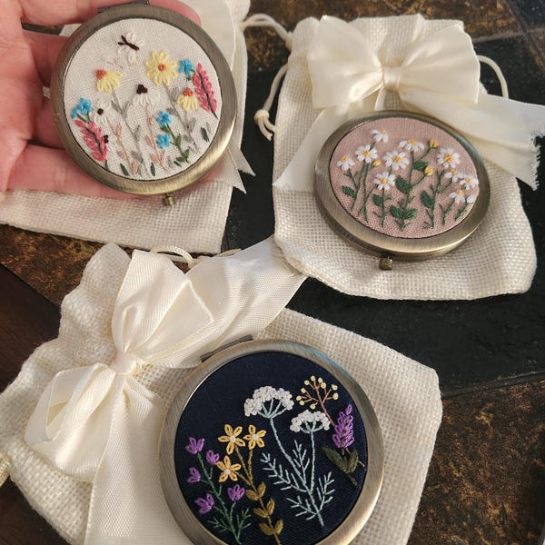 Wild Flower Embroidered Compact Mirror Comes With a Drawstring Bag ...