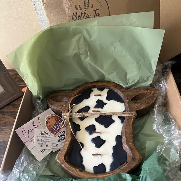 Cow Head Dough Bowl Candle, Crackling Wick Candles Cows Rustic Soy ...