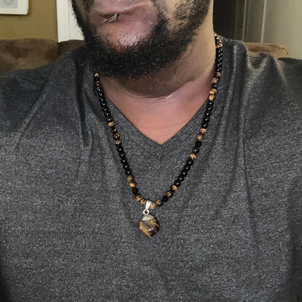 Men's Protection Necklace Big Raw Tiger Eye Pendant Beads Necklace ...