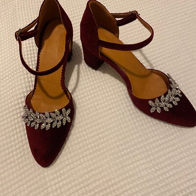 EU 38-US 7 / Velvet Block Heel Bridal Shoes, Ruby Red Velvet Heels ...