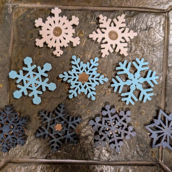 Snowflake Magnets Set, Painted Wood Snow Flakes, Sparkly Winter Fridge ...