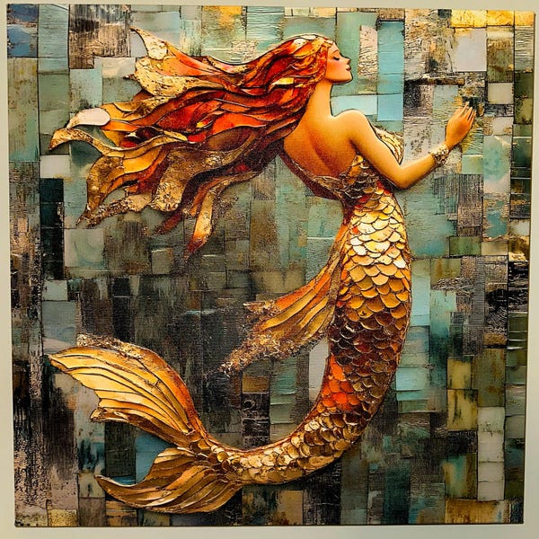 Mosaic Look Gold Mermaid Wall Art, Ocean Fantasy Decor, Elegant Mermaid ...