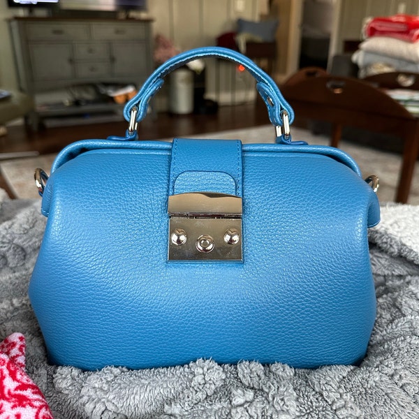 Dark Blue Leather Doctor Handbag, Handmade Leather Doctor Style Bag ...