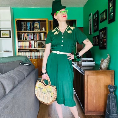 Vintage 1950s Blue Stained Glass Green Dress Gown Fit & Flare Silk ...