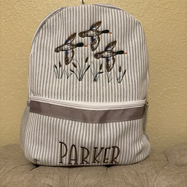 Embroidered Seersucker Backpack - Mallard Ducks Gingham - Kids Backpack ...