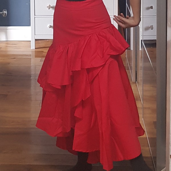 Red Ruffle Skirt, Red Cotton Skirt, High Waist Skirt, Long Tail Skirt ...
