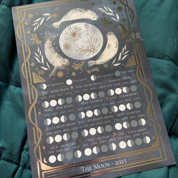 A3 Moon Calendar, Silver Foil, Lunar Wall Art, Seal Illustration - Etsy