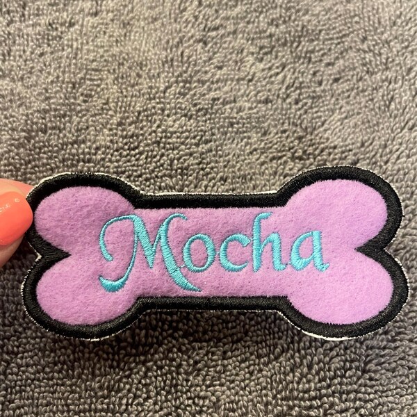 Dog Bone Shape Embroidered Name Patch - Iron on Back - Hook & Loop Back ...