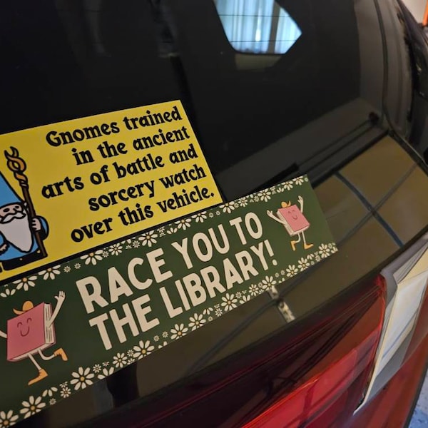 Cute Book Lover Bumper Sticker: Race You to the Library! | Funny ...