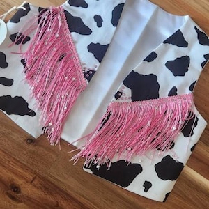 Girls Western Cowgirl Cropped Cowhide Print Vest With Sequin Fringe and ...