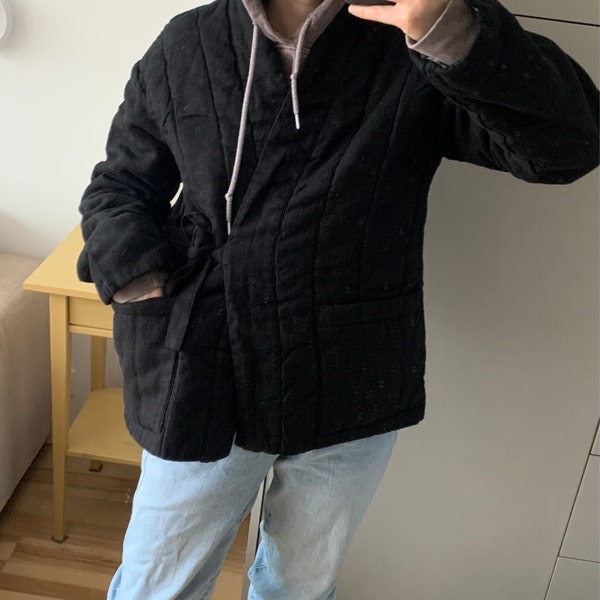 Quilted Linen Jacket, Linen Padded Coat With Pockets, Warm Kimono Robe ...