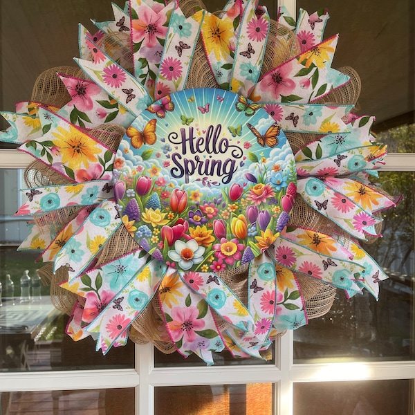 Hello Spring Wreath Sign, Metal Wreath Sign, Round Wreath Sign, Door ...