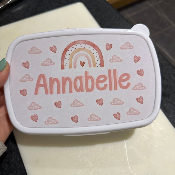 Children's Personalised Rainbow Snack Lunch Box Kid's Rainbow Themed ...