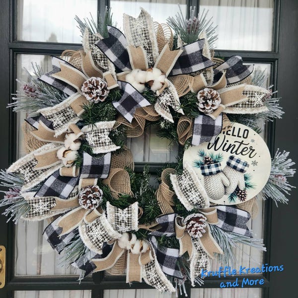 Hello Winter Wreath Sign, Mittens, Round Sign, Winter Decor, Winter ...