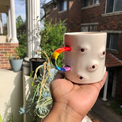 Ivory Striped Handle Eyes Hand Painted Espresso Cup With Plate, Turkish ...