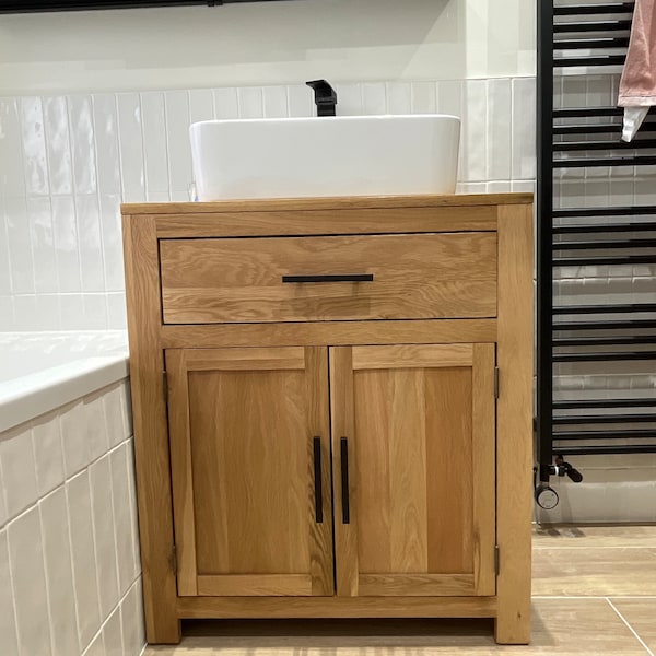 Bathroom Oak Vanity Unit | Single Oak Sink Cabinet | Ceramic Wash Basin ...