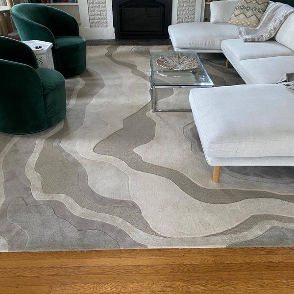 Ivory Beige Color Minimalist Modern Abstract Handmade Textured Woolen ...